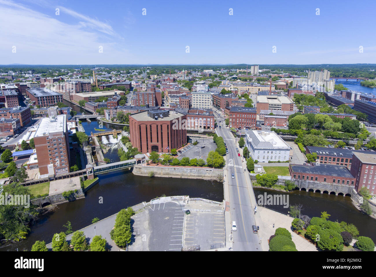 Lowell historic downtown and Concord River aerial view in Lowell ...