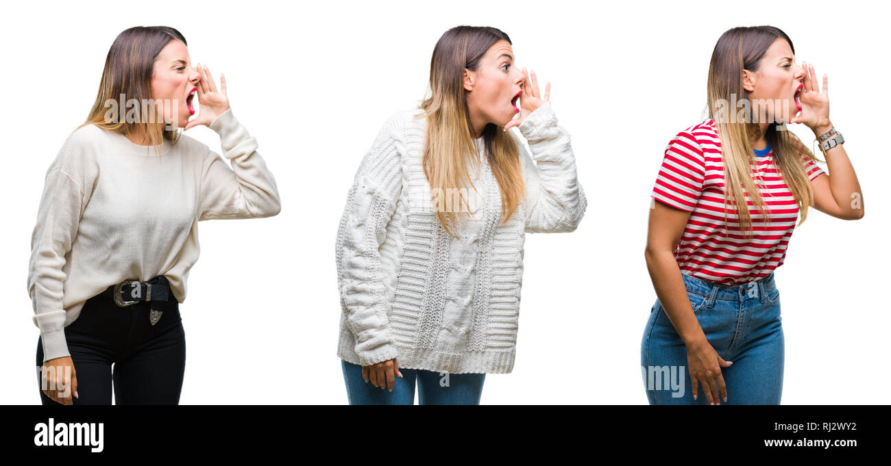 Collage of young beautiful woman over isolated background shouting and ...