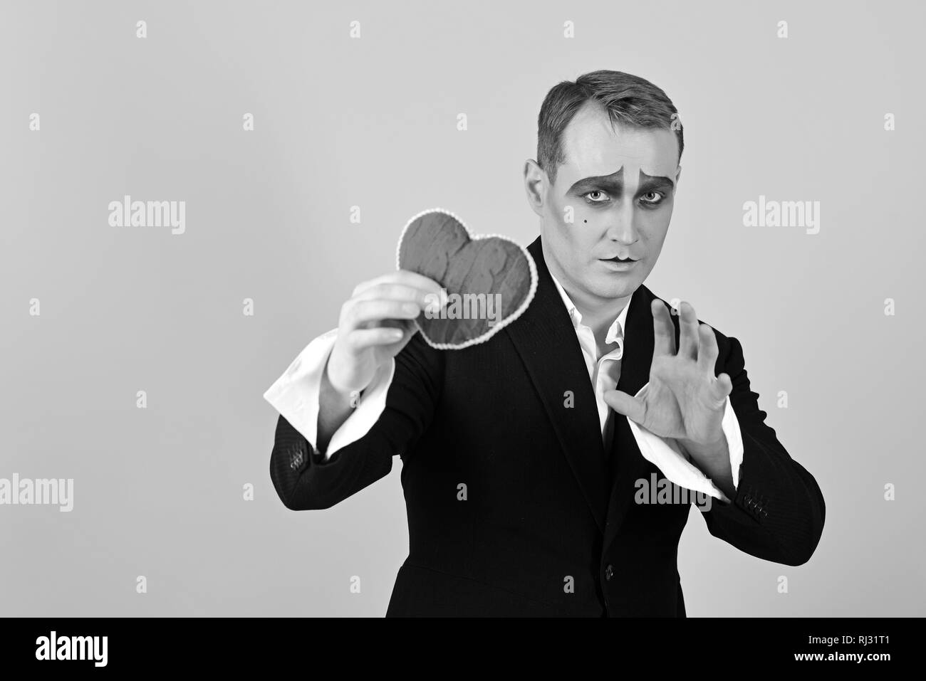 Love confession on valentines day. Theatre actor pantomime falling in ...