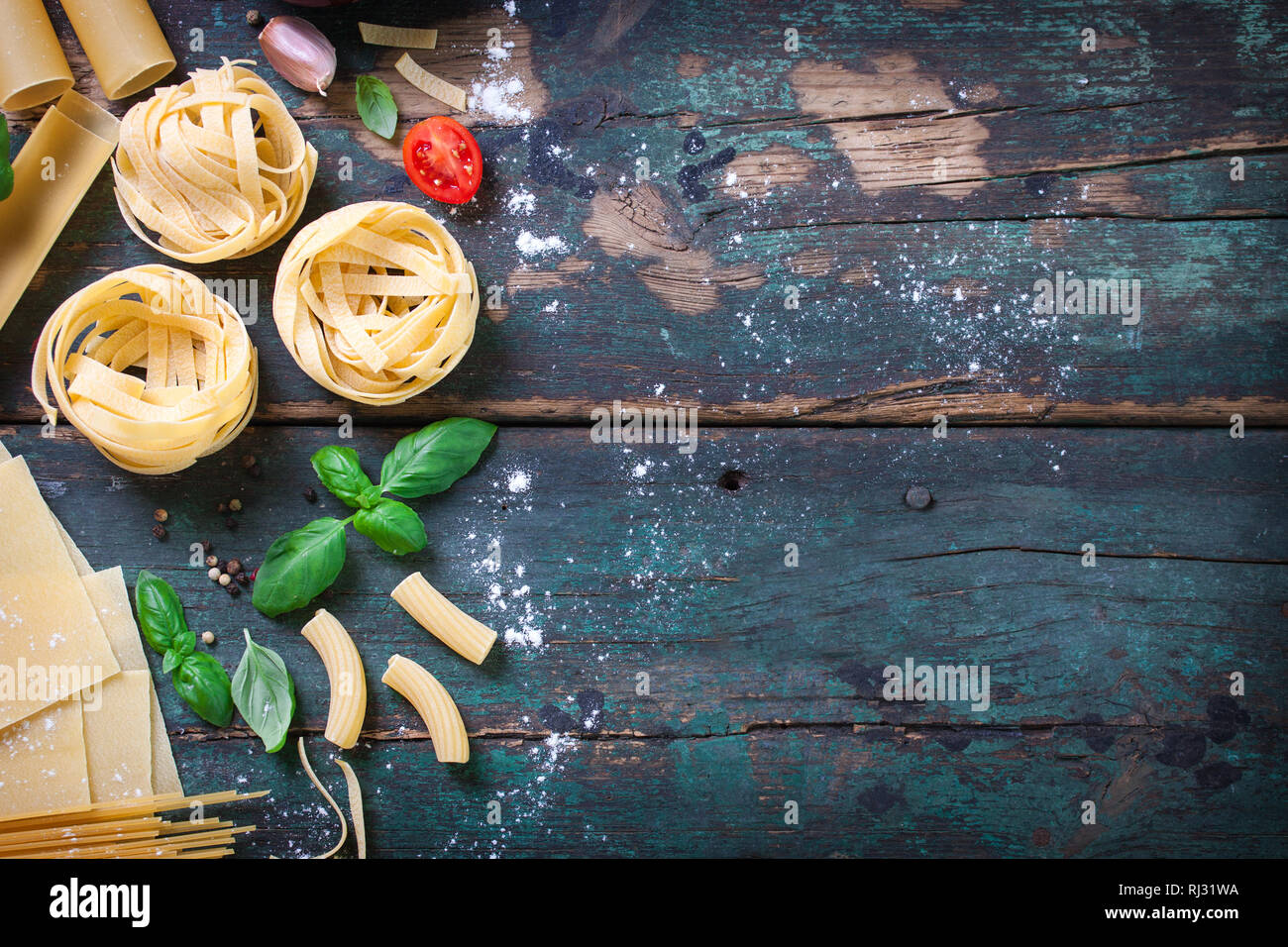 Italian food background with different types of pasta, health or ...