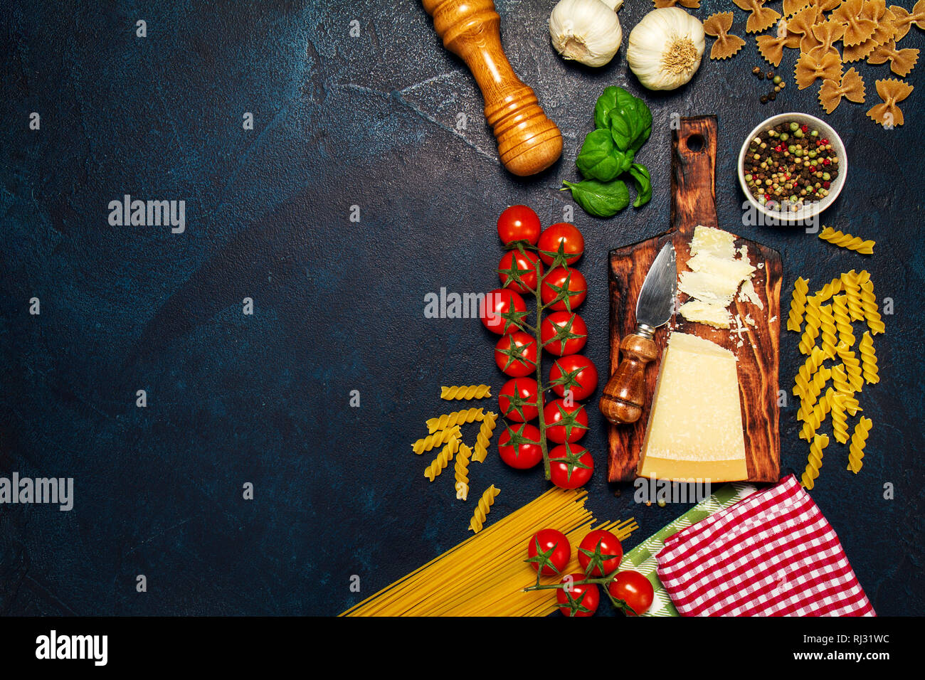 Italian food or ingredients background with fresh vegetables, pasta ...