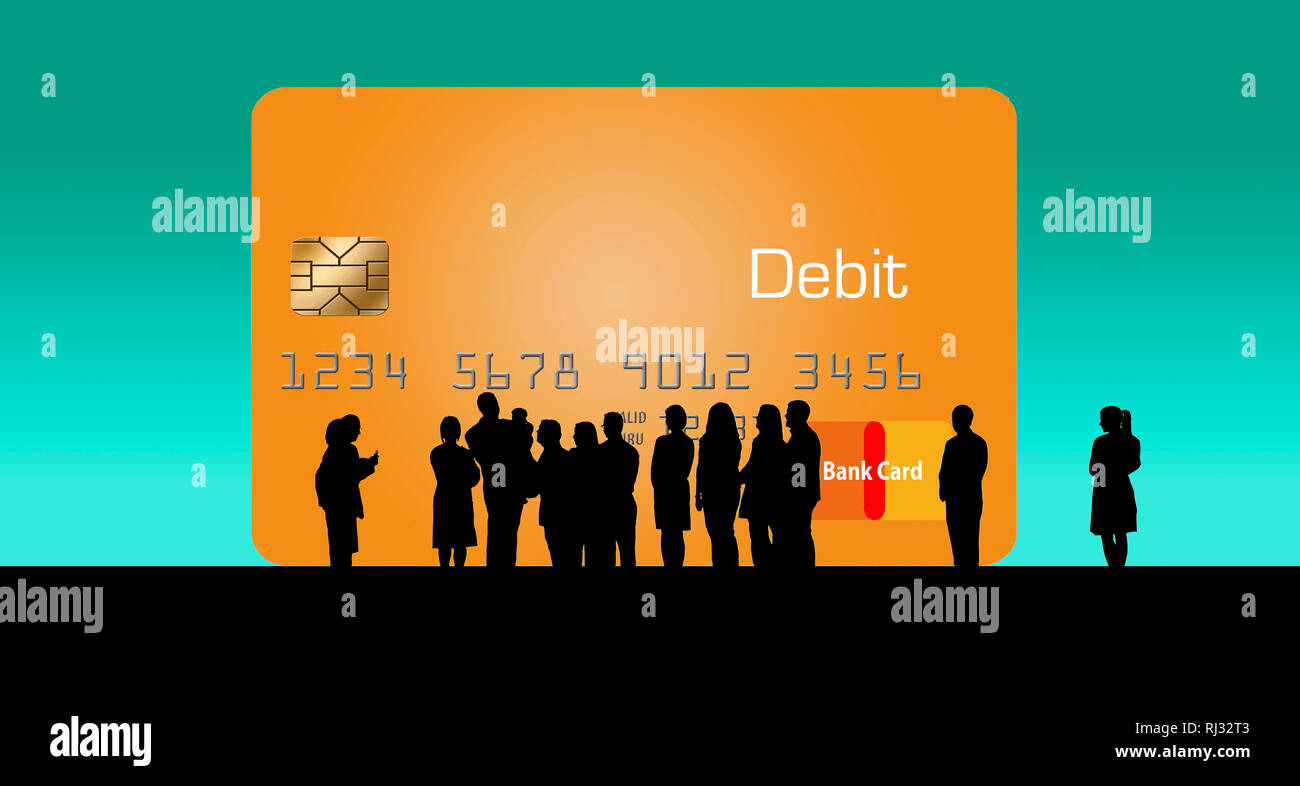 A silhouetted crowd of people huddle around a huge debit/credit card as ...