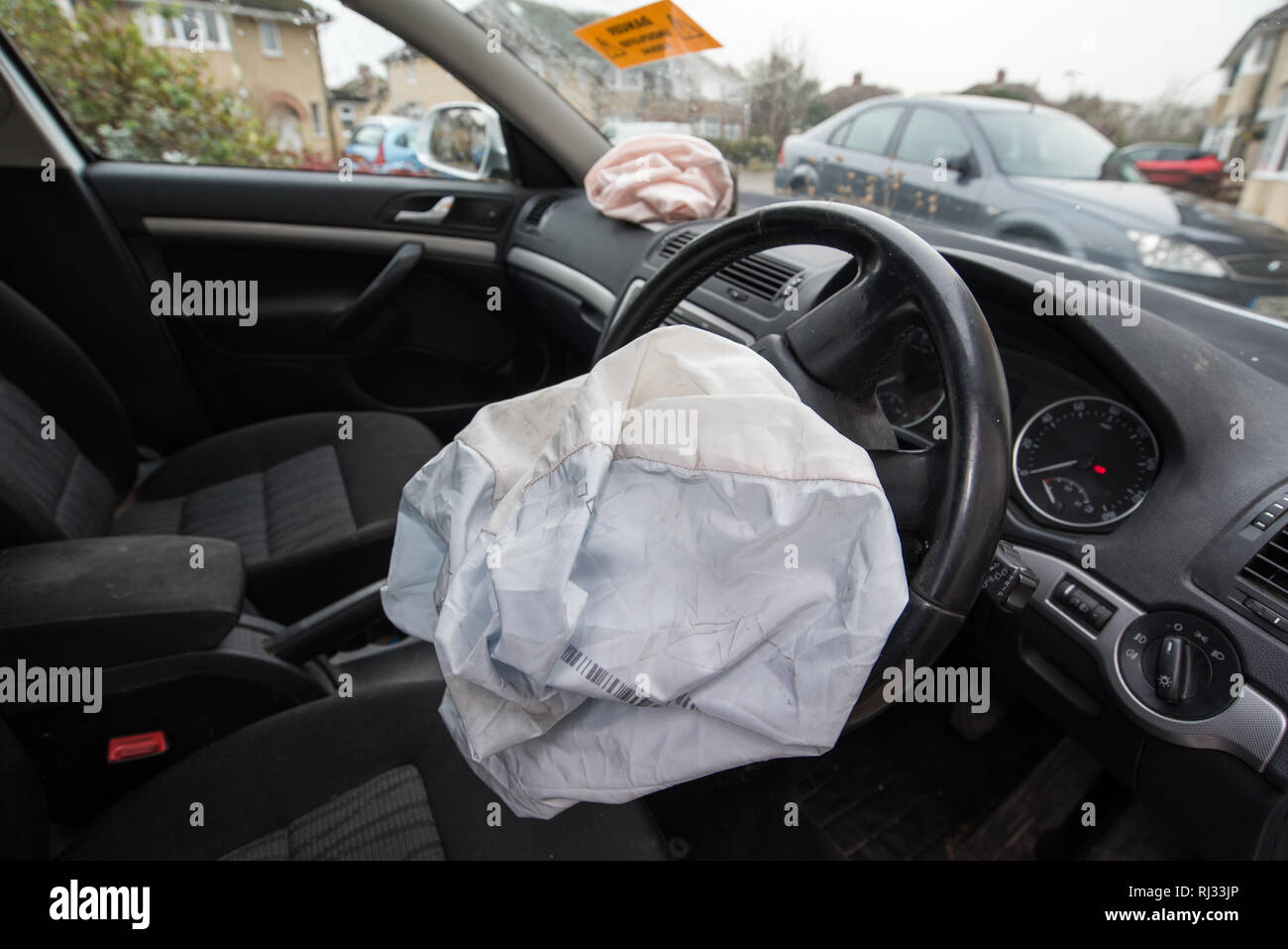 Car Crash; Damage and details, deployed airbag after a vehicle accident ...