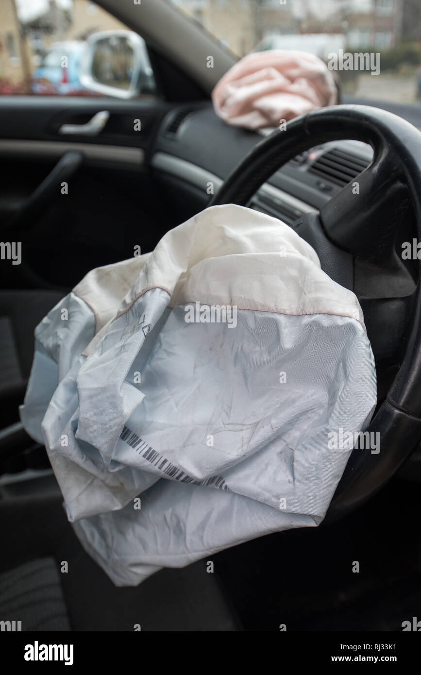 Car Crash; Damage and details, deployed airbag after a vehicle accident ...