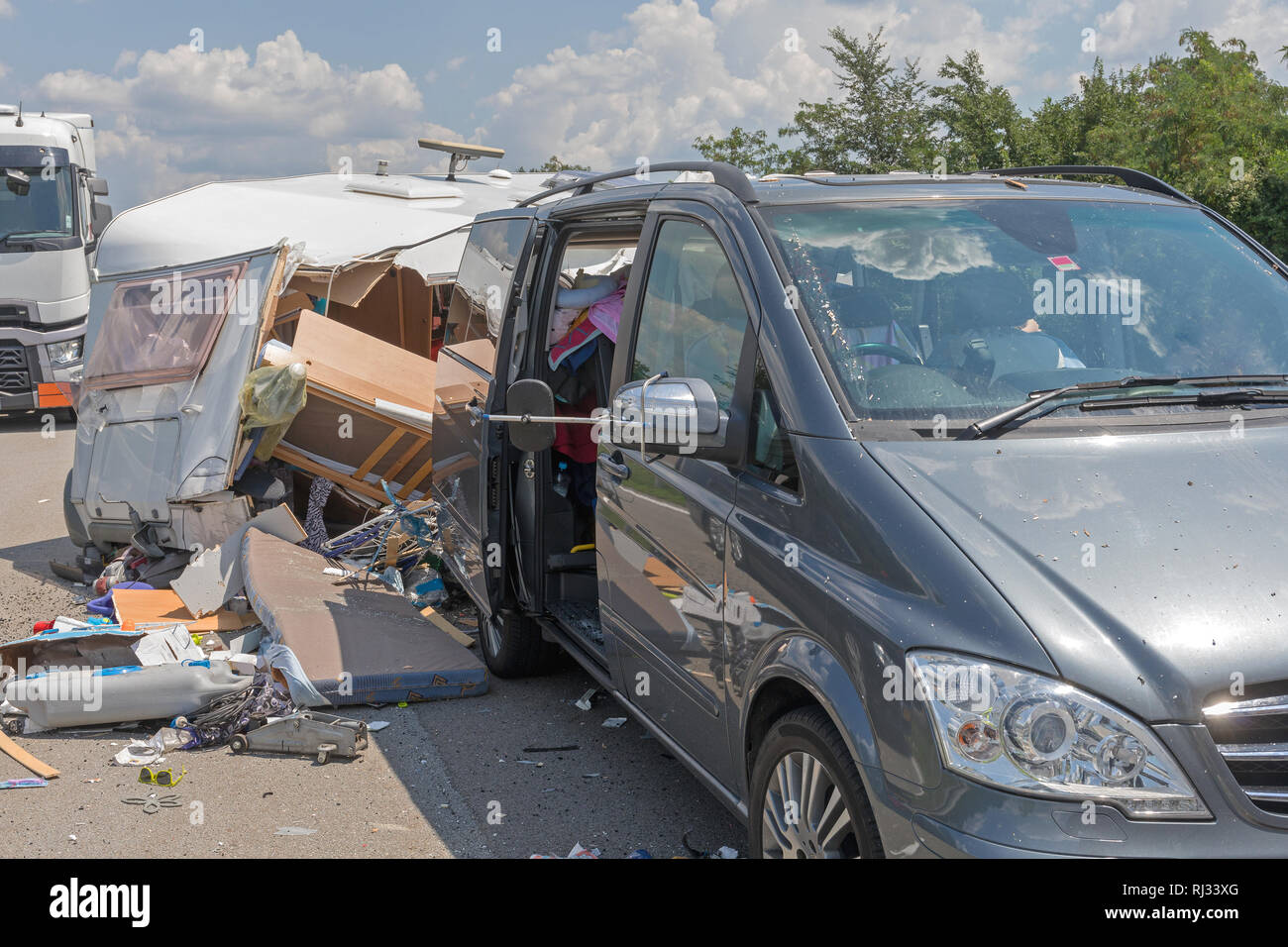 Camper Trailer and Van Traffic Accident at Highway Stock Photo - Alamy