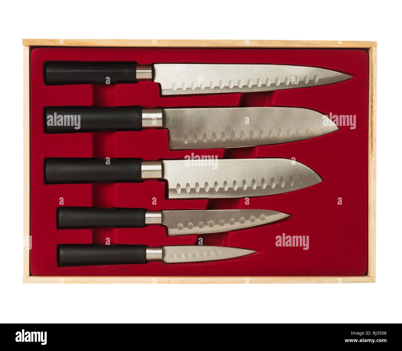 Set of five steel kitchen knives in gift box isolated on white Stock ...
