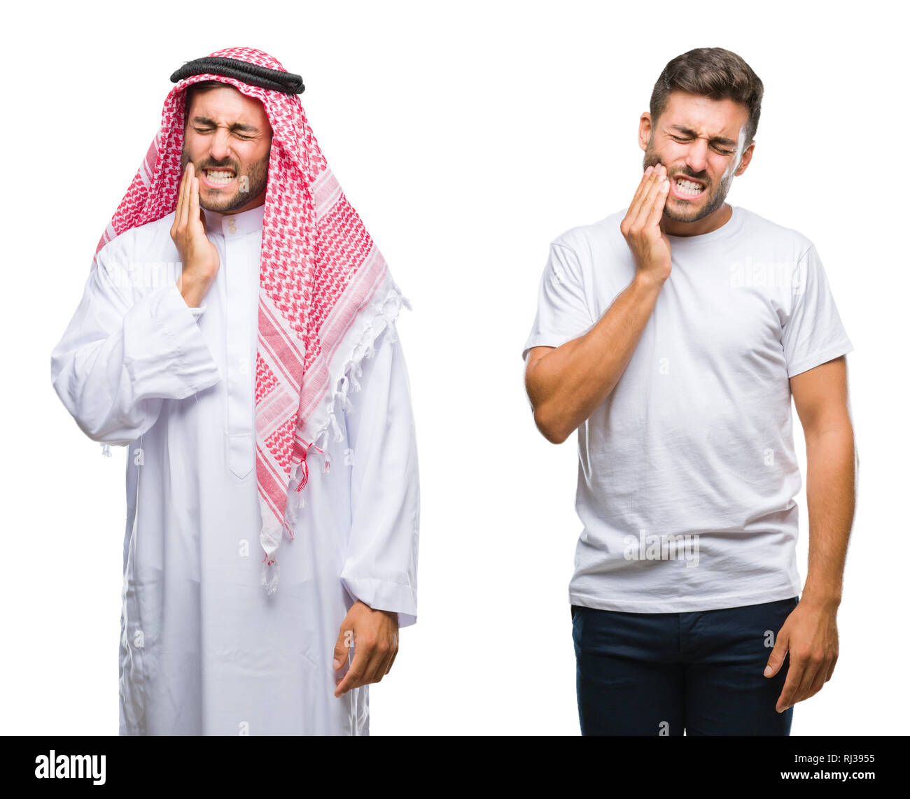 Collage of handsome young man and arab man over isolated background ...