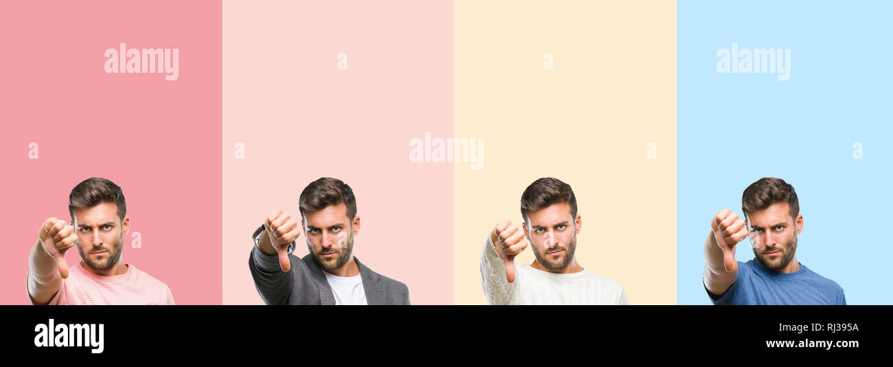 Collage of handsome young man over colorful stripes isolated background ...