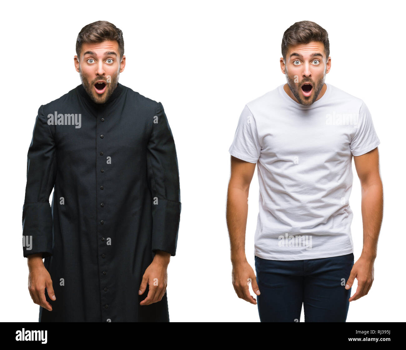 Collage of handsome young man and catholic priest over isolated ...