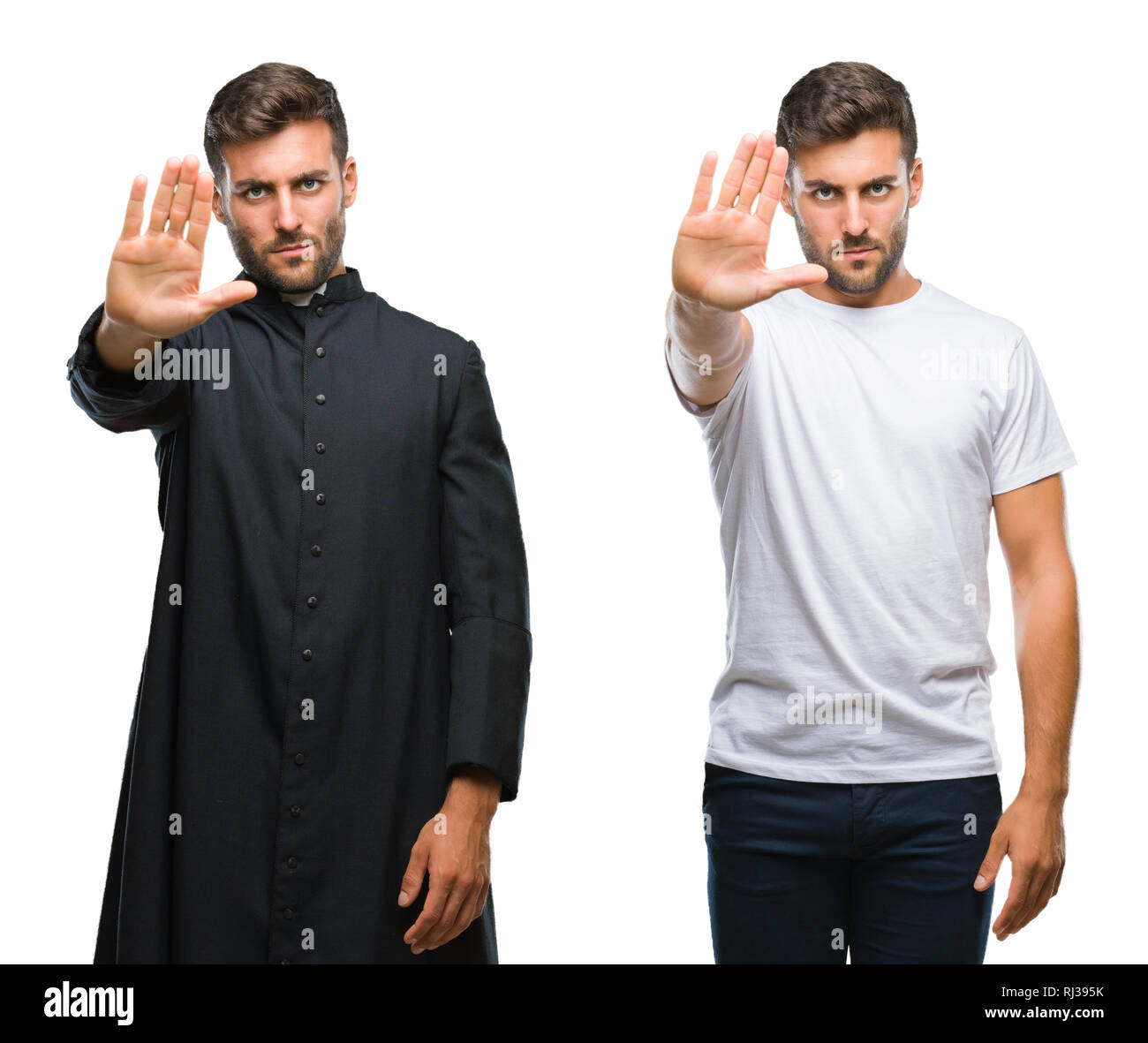 Collage of handsome young man and catholic priest over isolated ...