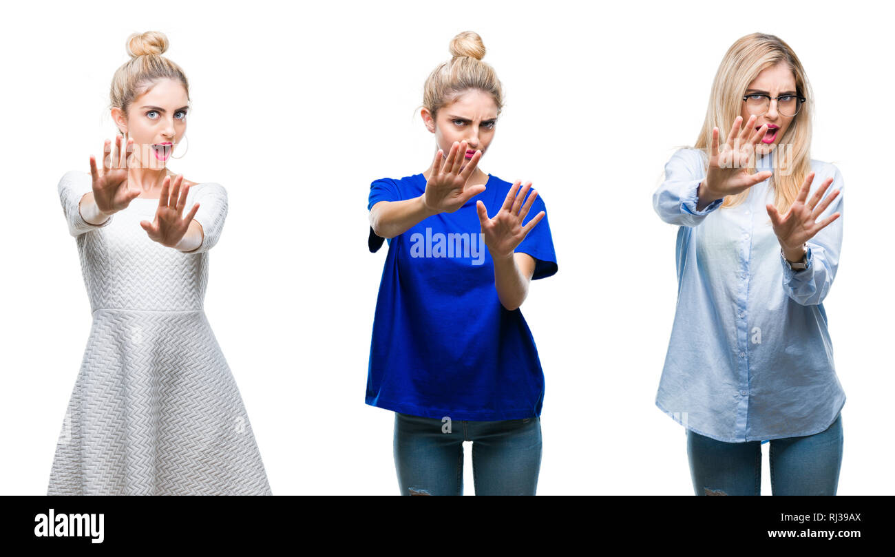 Collage of young beautiful blonde woman over isolated background afraid ...