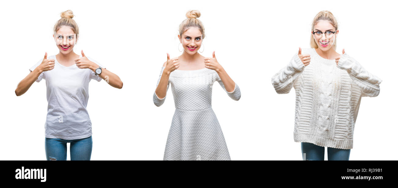 Collage of young beautiful blonde woman over white isolated background ...