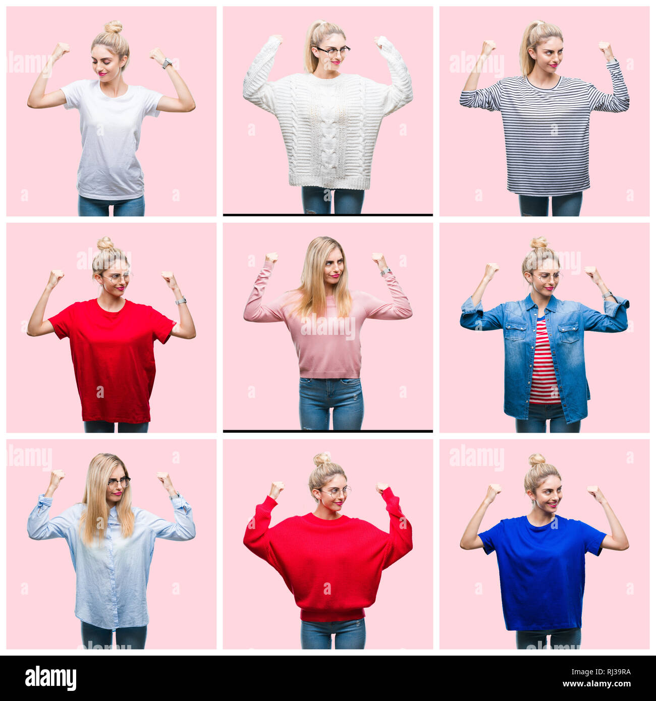 Collage of young beautiful blonde woman over pink isolated background ...