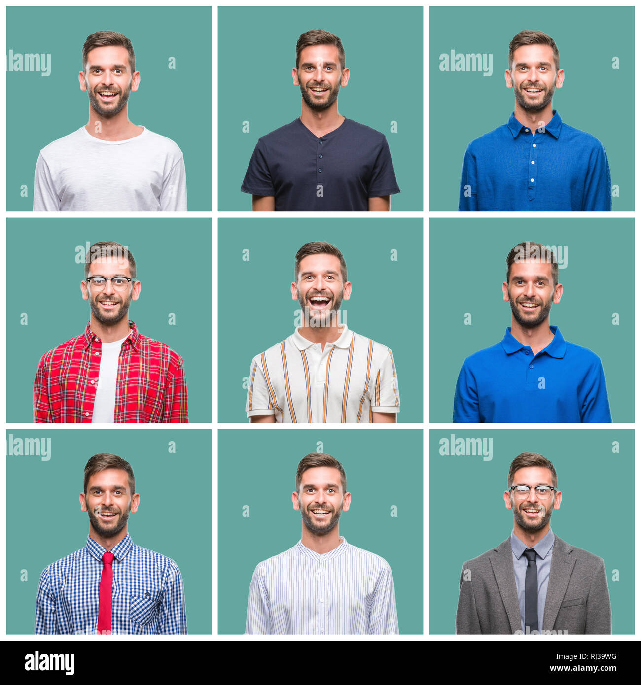 Collage of handsome young man over green isolated background with a ...