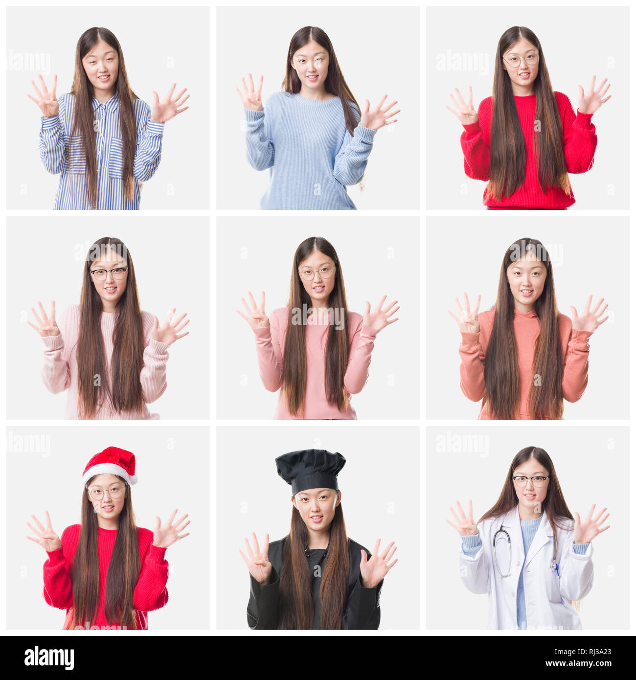 Collage of young doctor, chef asian woman isolated background showing ...