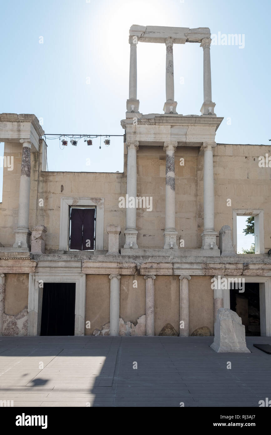 Close view of ancient columns behind stage of Plovdiv's ancient Roman ...
