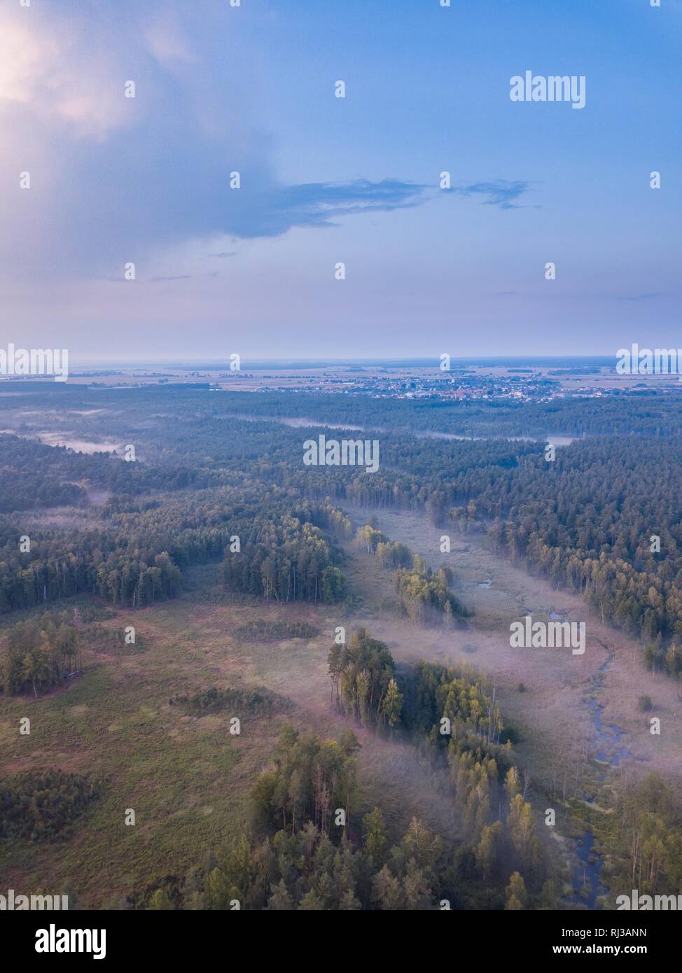 Beautiful misty evening landscape photographed from drone. Magical ...