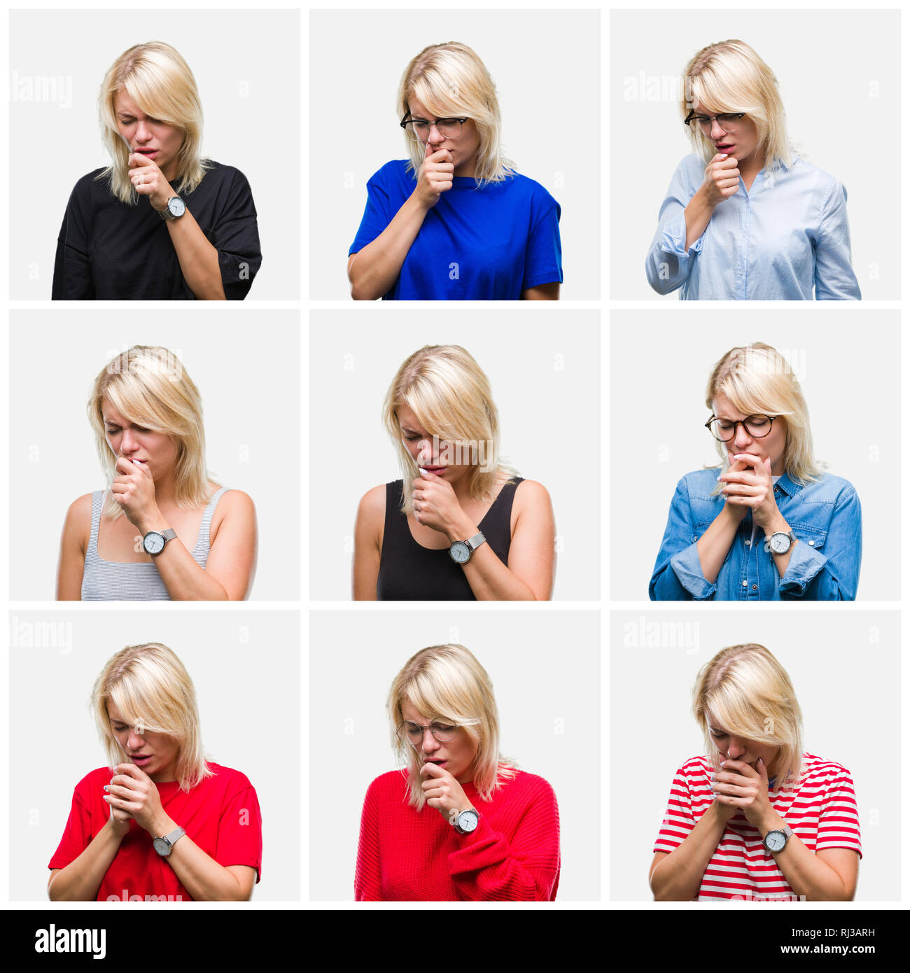 Collage of beautiful blonde woman wearing differents casual looks over ...