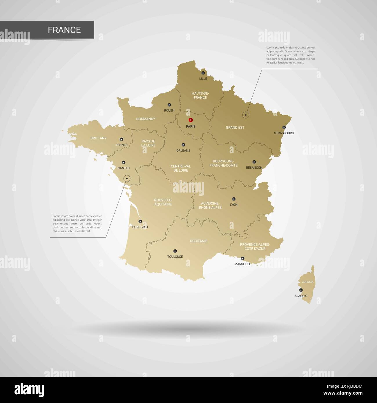 Stylized vector France map. Infographic 3d gold map illustration with ...