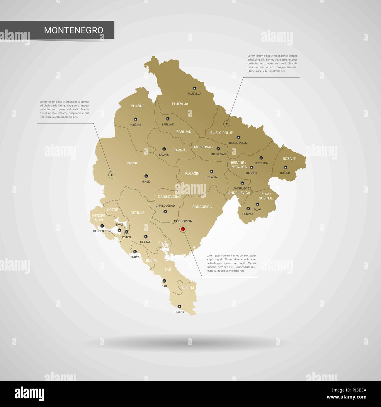 Stylized vector Montenegro map. Infographic 3d gold map illustration ...