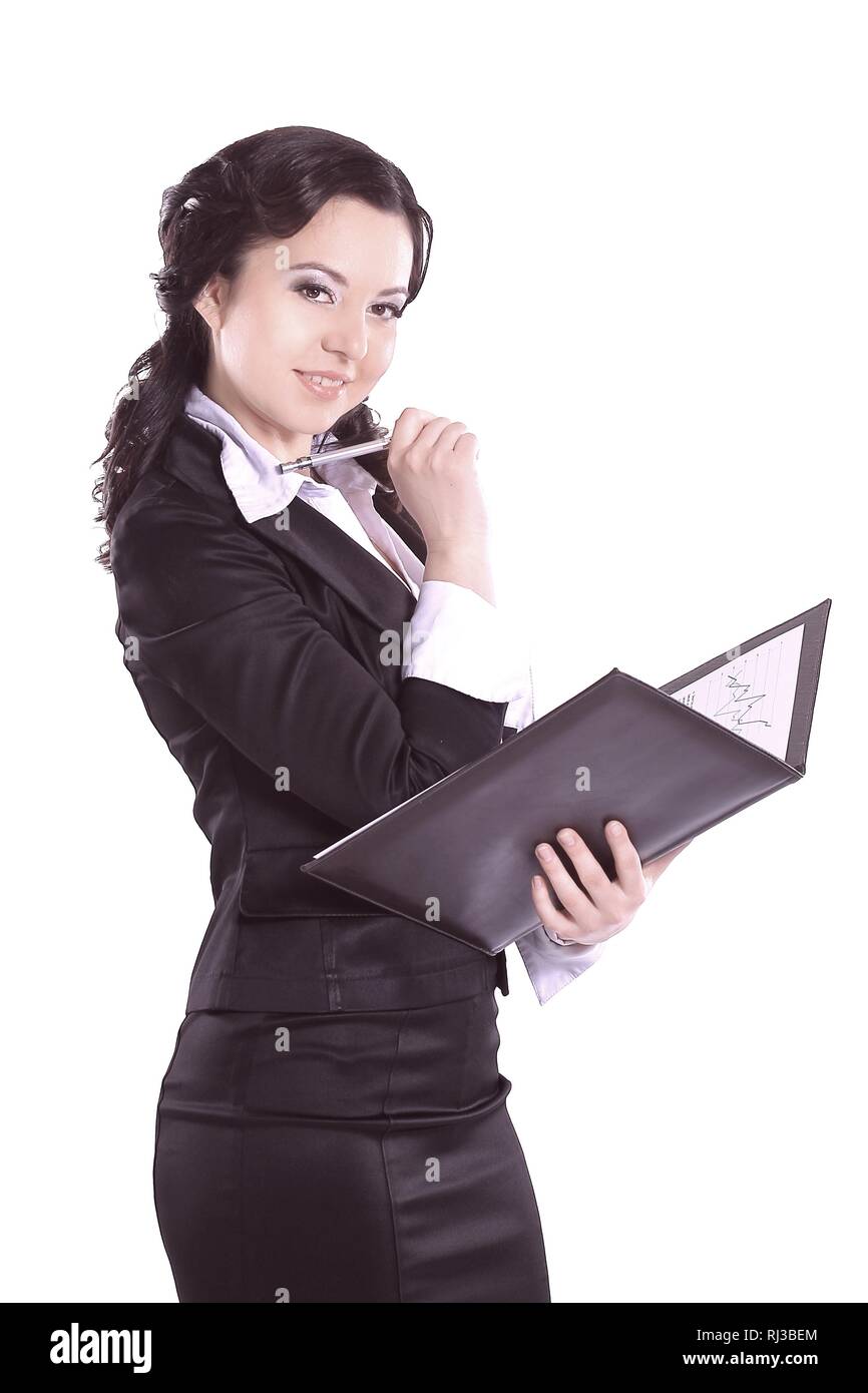smiling business woman signing business document.isolated on white ...