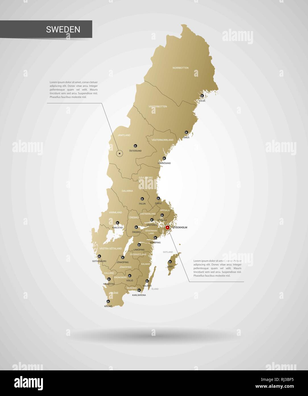 Stylized vector Sweden map. Infographic 3d gold map illustration with ...