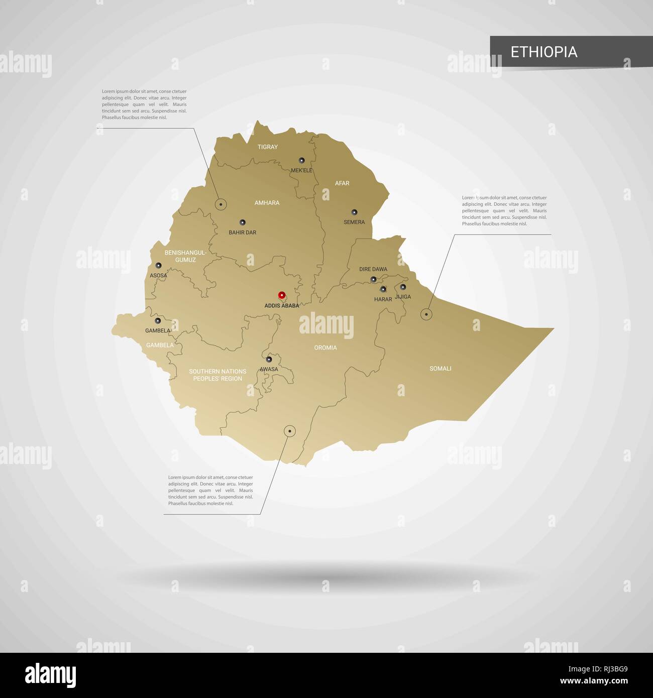 Stylized vector Ethiopia map. Infographic 3d gold map illustration with ...