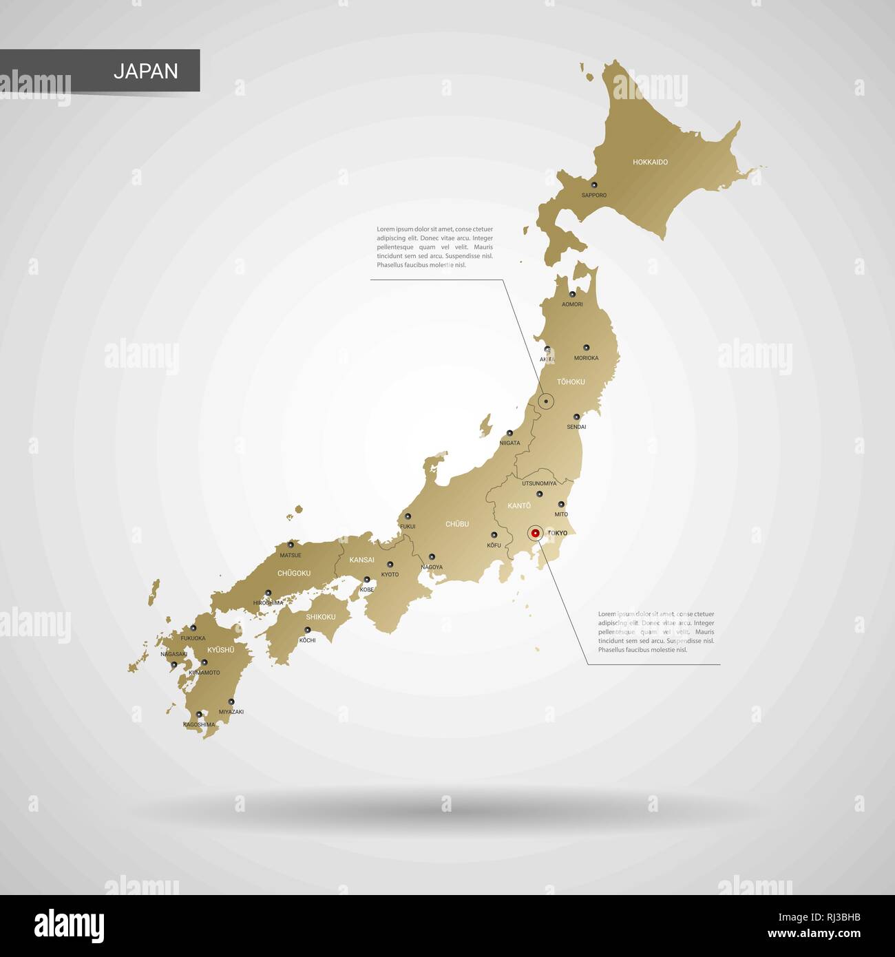 Stylized vector Japan map. Infographic 3d gold map illustration with ...