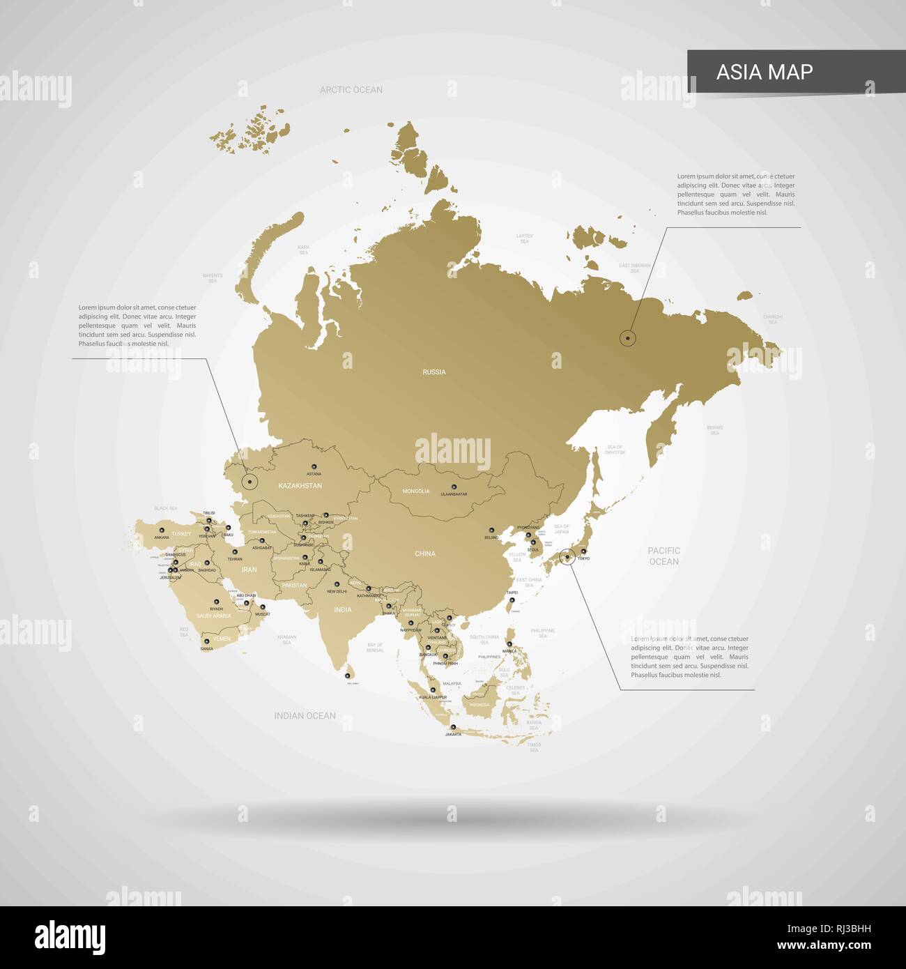 Stylized vector Asia map. Infographic 3d gold map illustration with ...