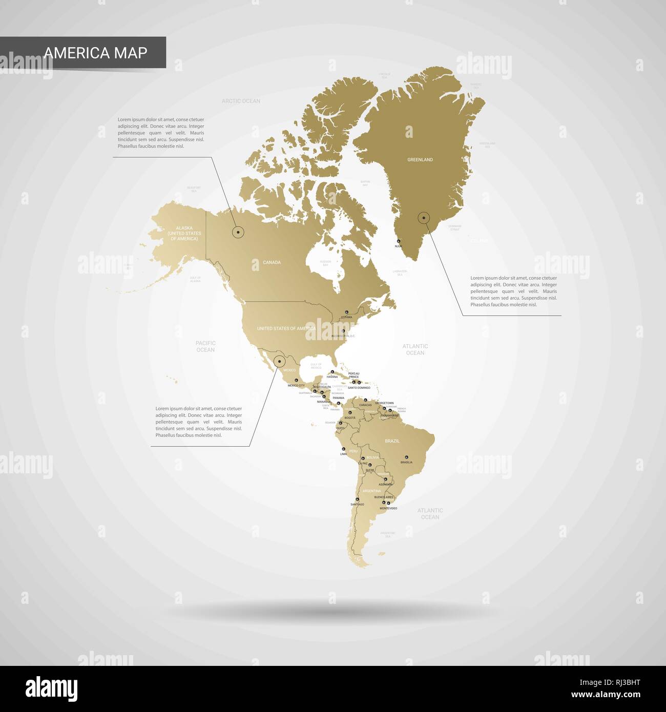 Stylized vector America map. Infographic 3d gold map illustration with ...
