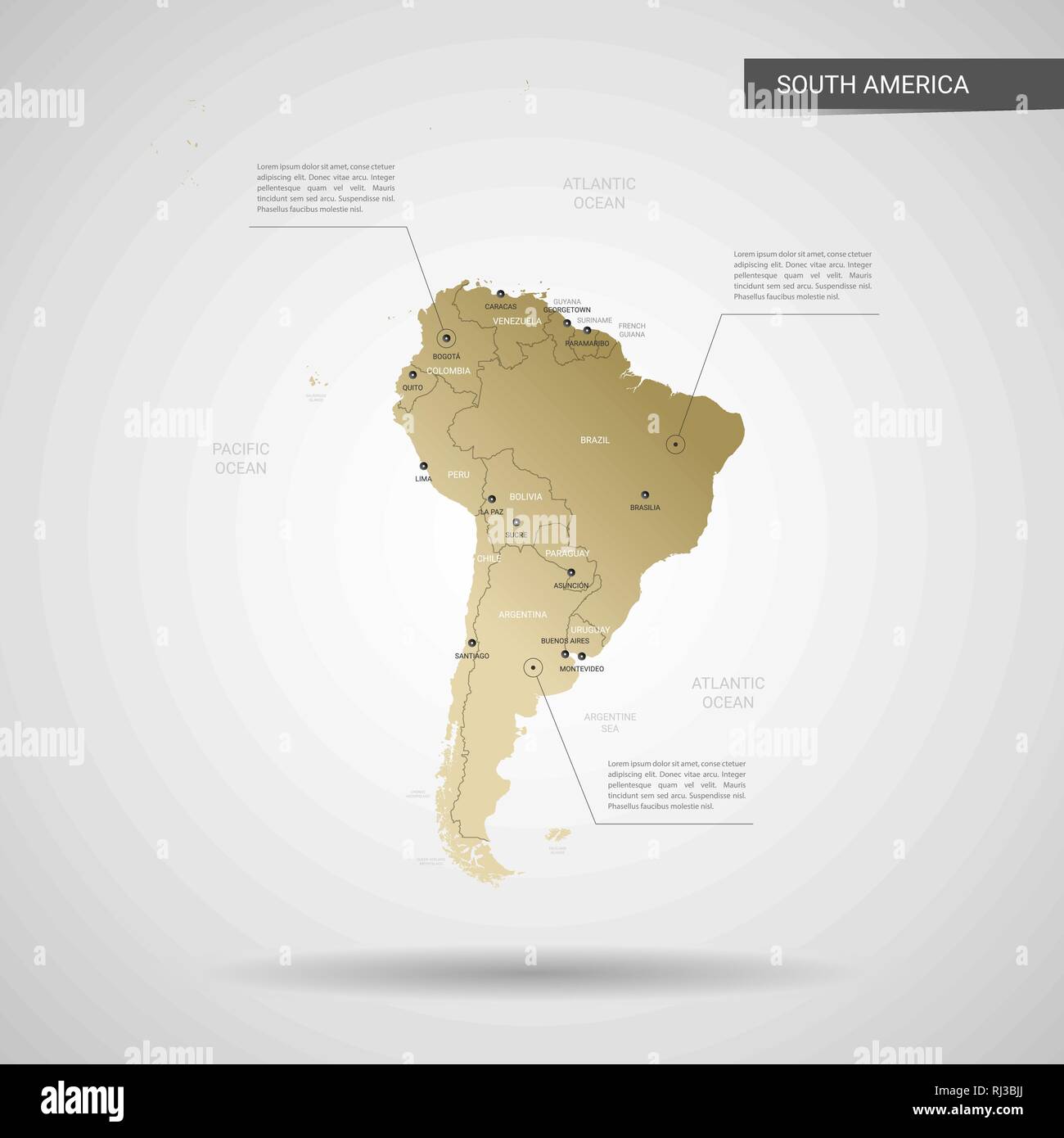 Stylized vector South America map. Infographic 3d gold map illustration ...