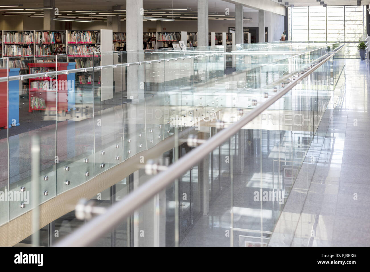 Glass railing at corridor by library in modern university Stock Photo ...