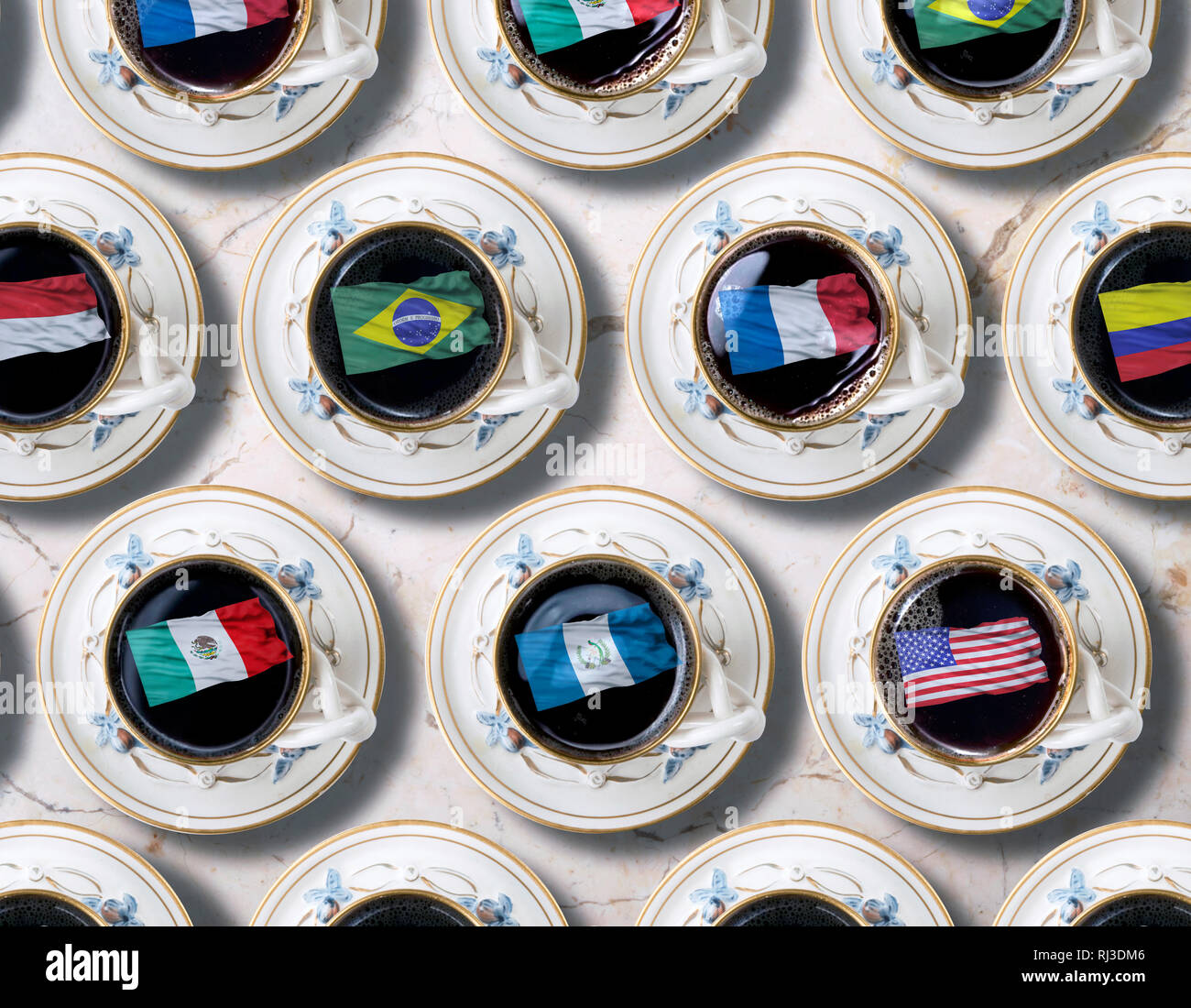 Coffees of the world with their flags Stock Photo - Alamy