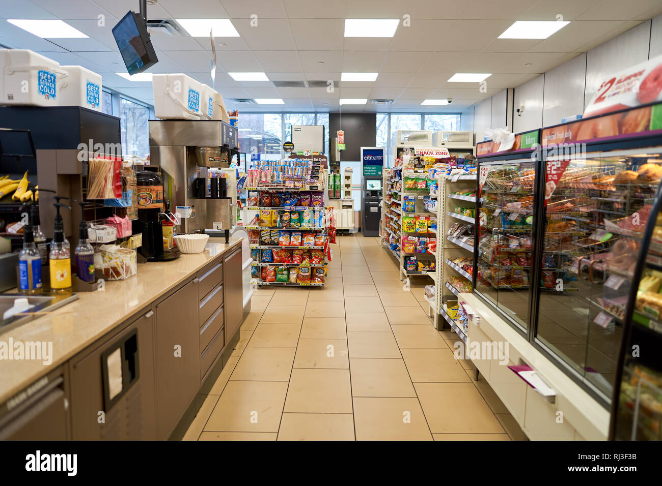 NEW YORK - CIRCA MARCH 2016: inside of 7-Eleven shop. 7-Eleven (7-11 ...