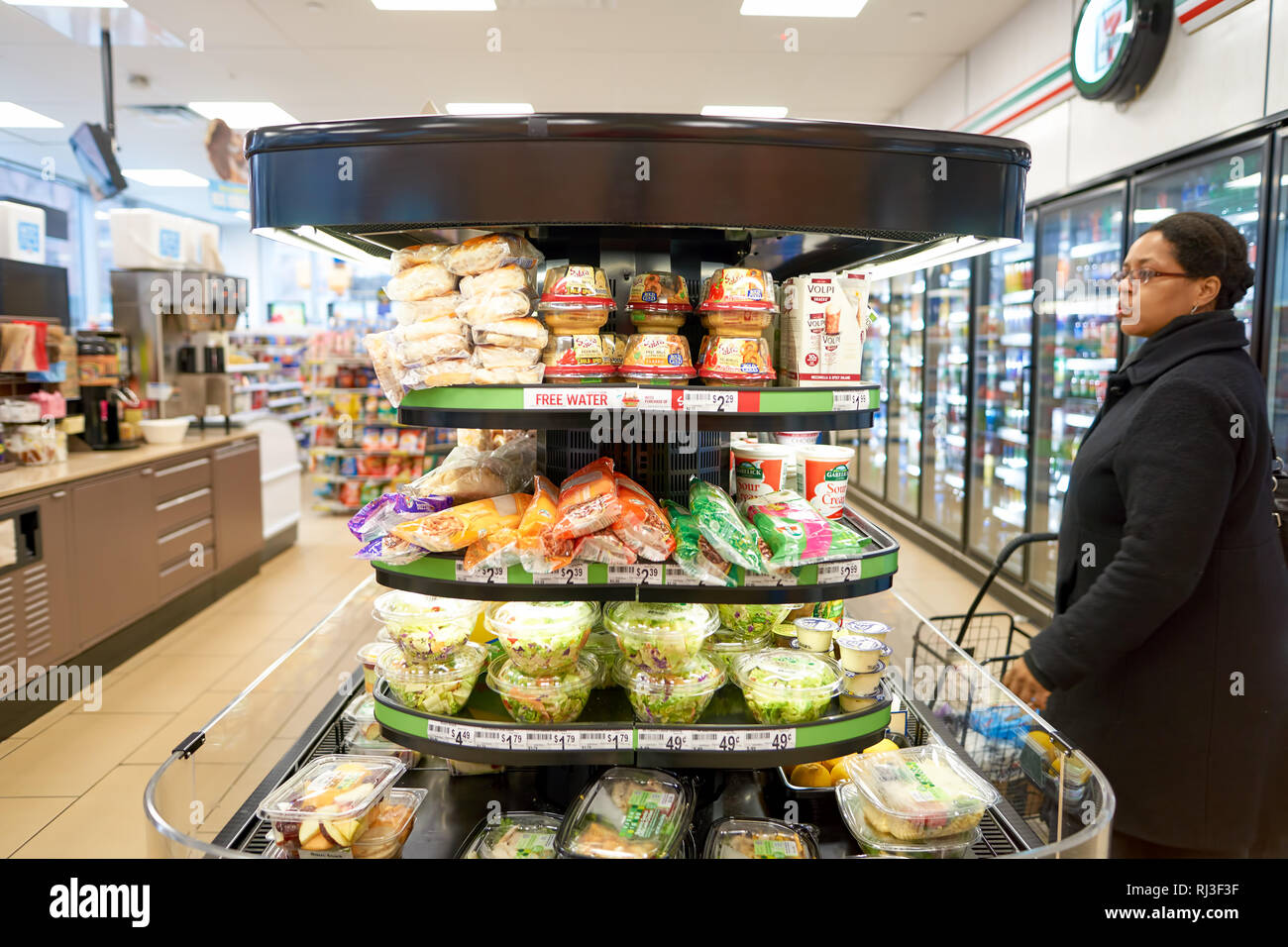 NEW YORK - CIRCA MARCH 2016: inside of 7-Eleven shop. 7-Eleven (7-11 ...