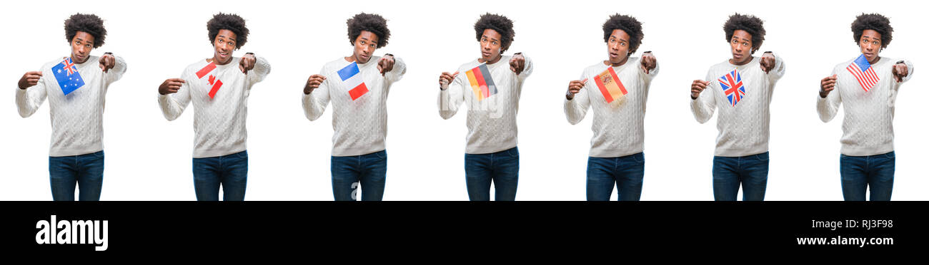 Collage of african american young man holding flags of countries over ...