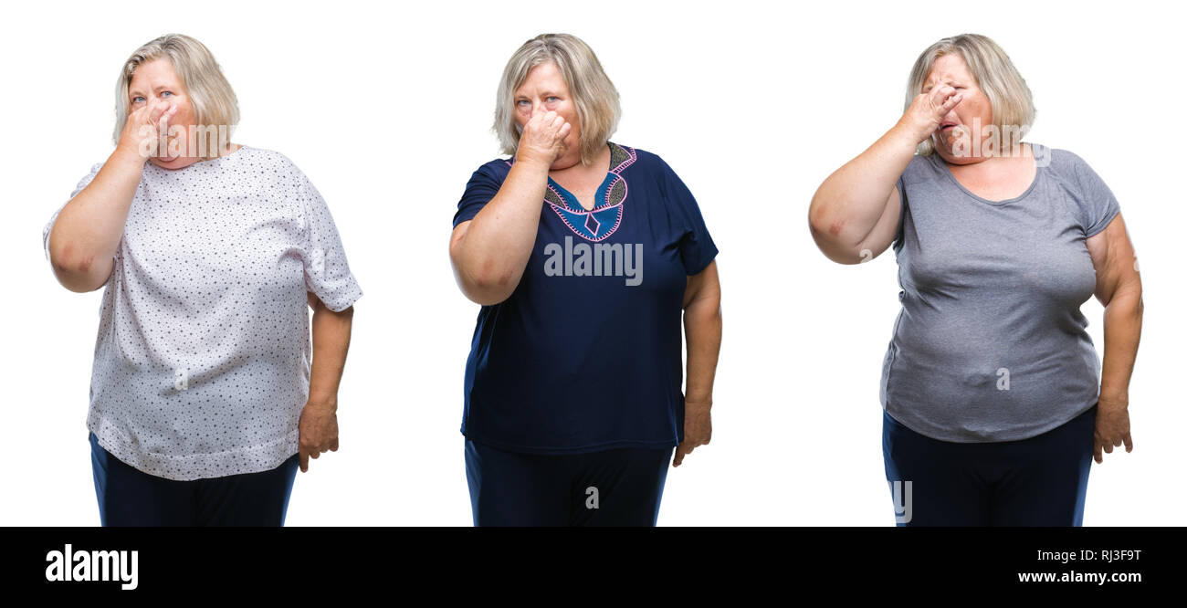 Collage of senior fat woman over isolated background smelling something ...