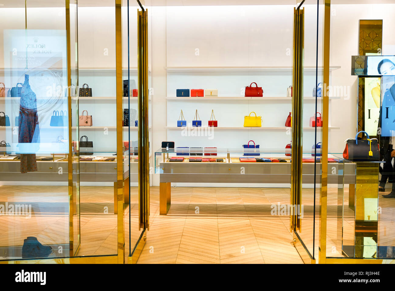 HONG KONG - JANUARY 27, 2016: interior of Yves Saint Laurent store at ...