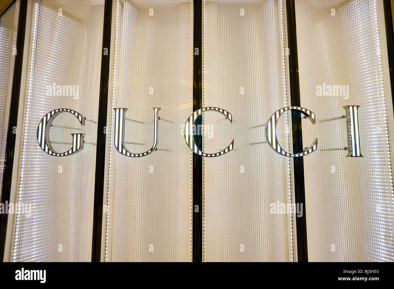 HONG KONG - JANUARY 27, 2016: Gucci logo on the wall at Elements ...