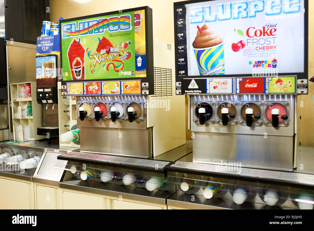 NEW YORK - CIRCA MARCH 2016: inside of 7-Eleven shop. 7-Eleven (7-11 ...