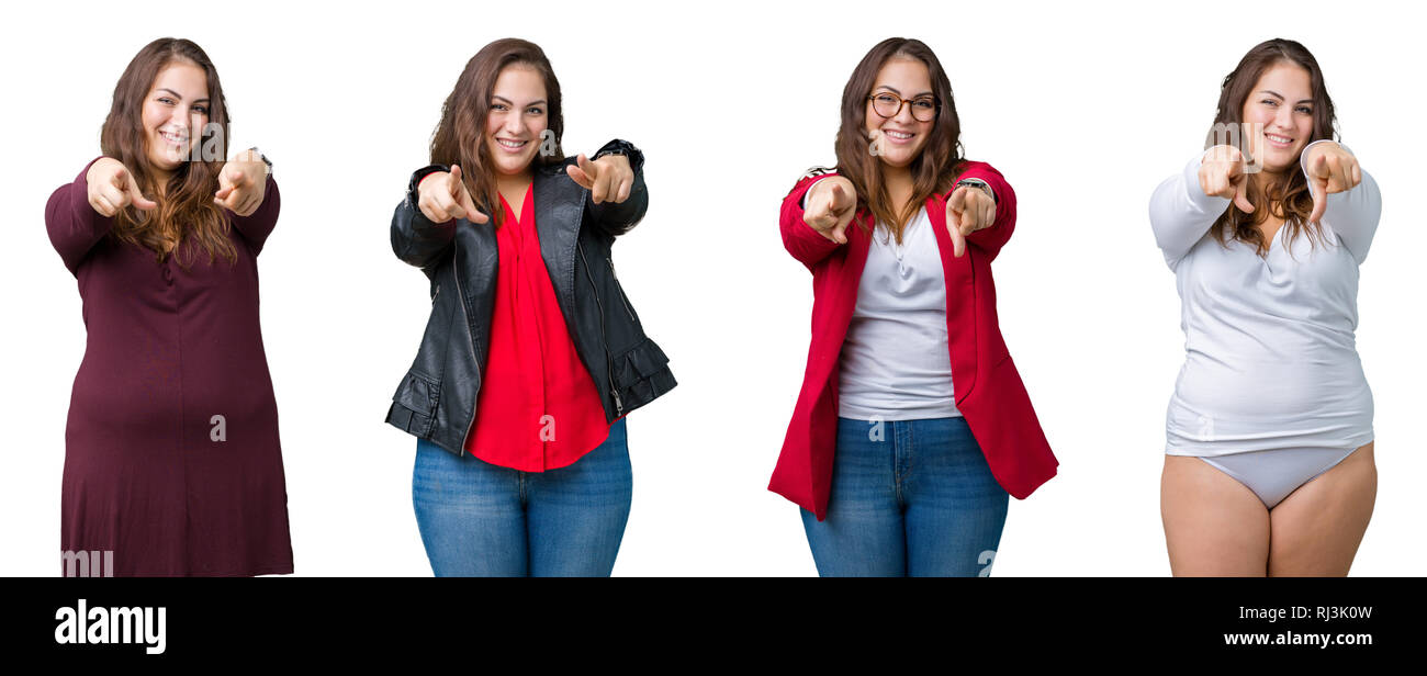 Collage of beautiful plus size woman over isolated background Pointing ...