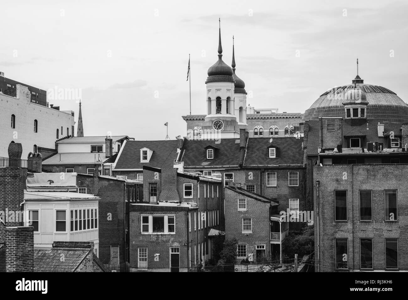 View of brick buildings and The Baltimore Basilica, in downtown ...