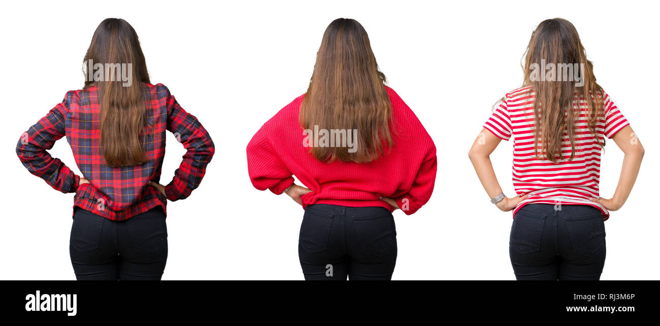 Collage of beautiful young woman over isolated background standing ...