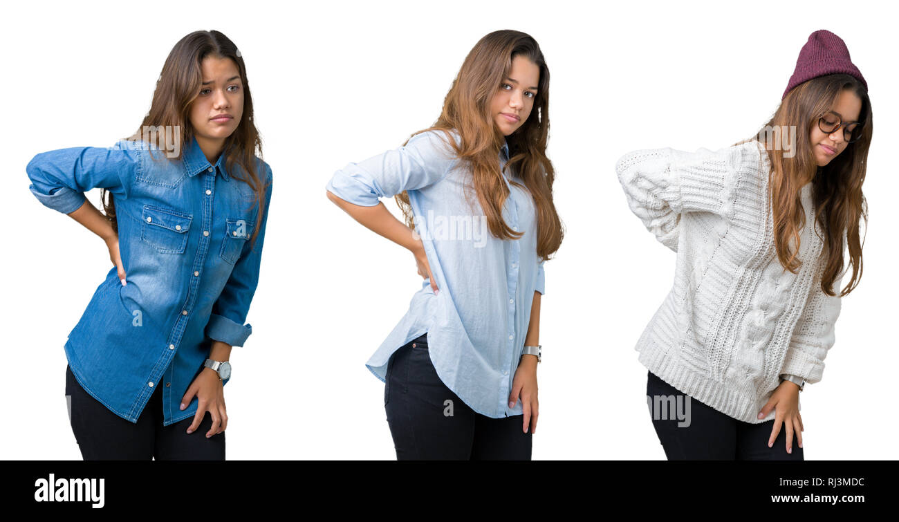 Collage of beautiful young woman over isolated background Suffering of ...