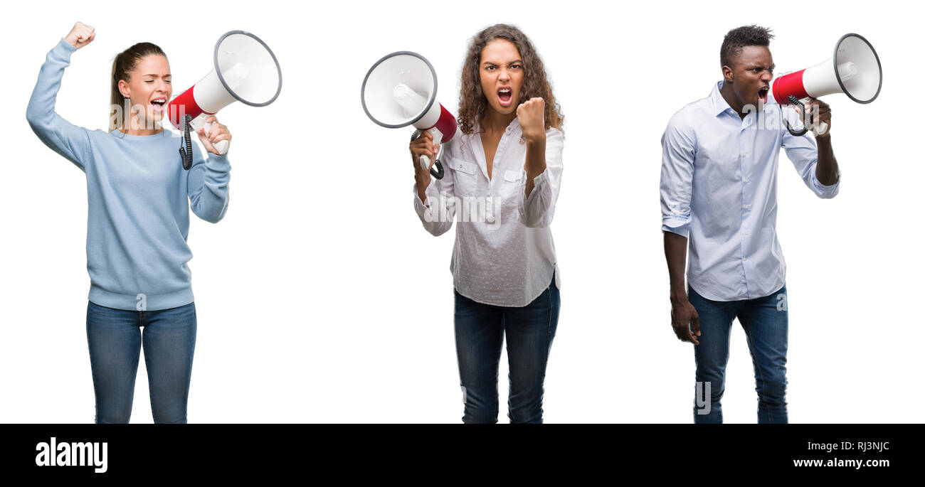Collage of young people yelling through megaphone over isolated ...