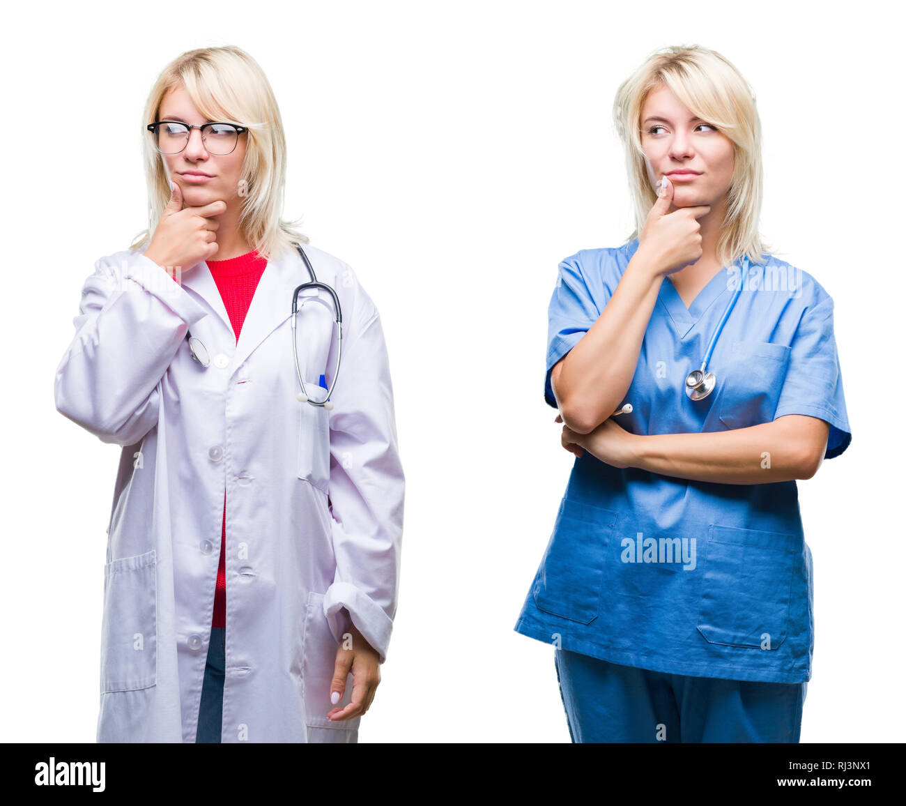 Collage of doctor and nurse woman over white isolated background with ...
