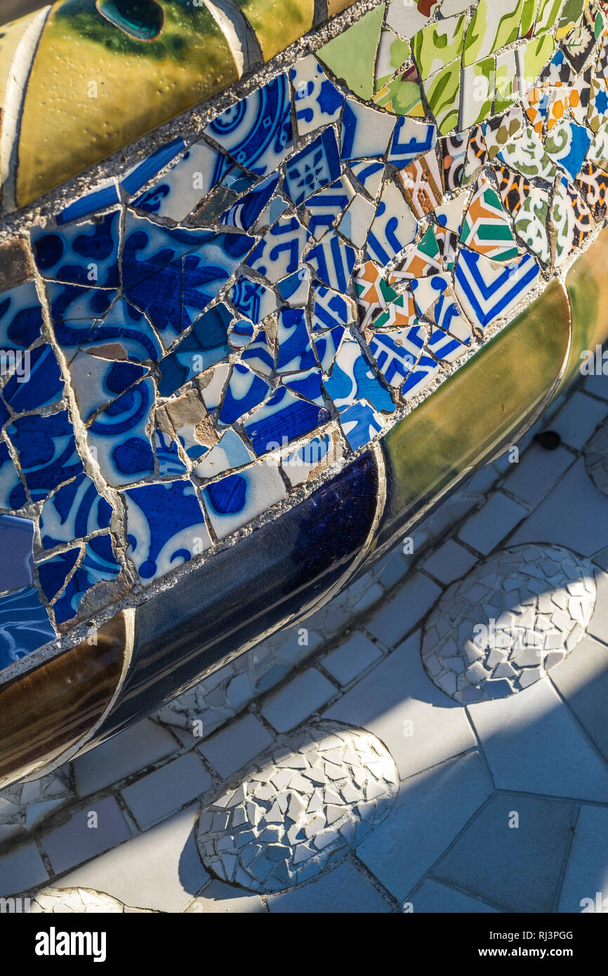Park Guell. Garden complex with architectural elements situated on the ...