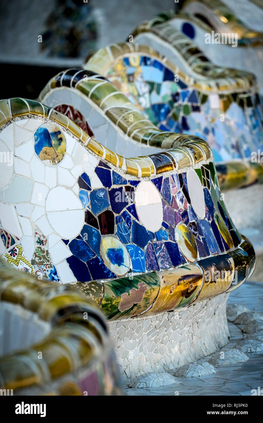 Park Guell. Garden complex with architectural elements situated on the ...