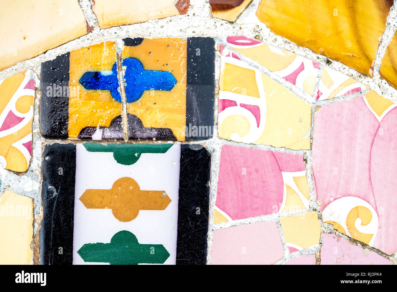 Park Guell. Garden complex with architectural elements situated on the ...