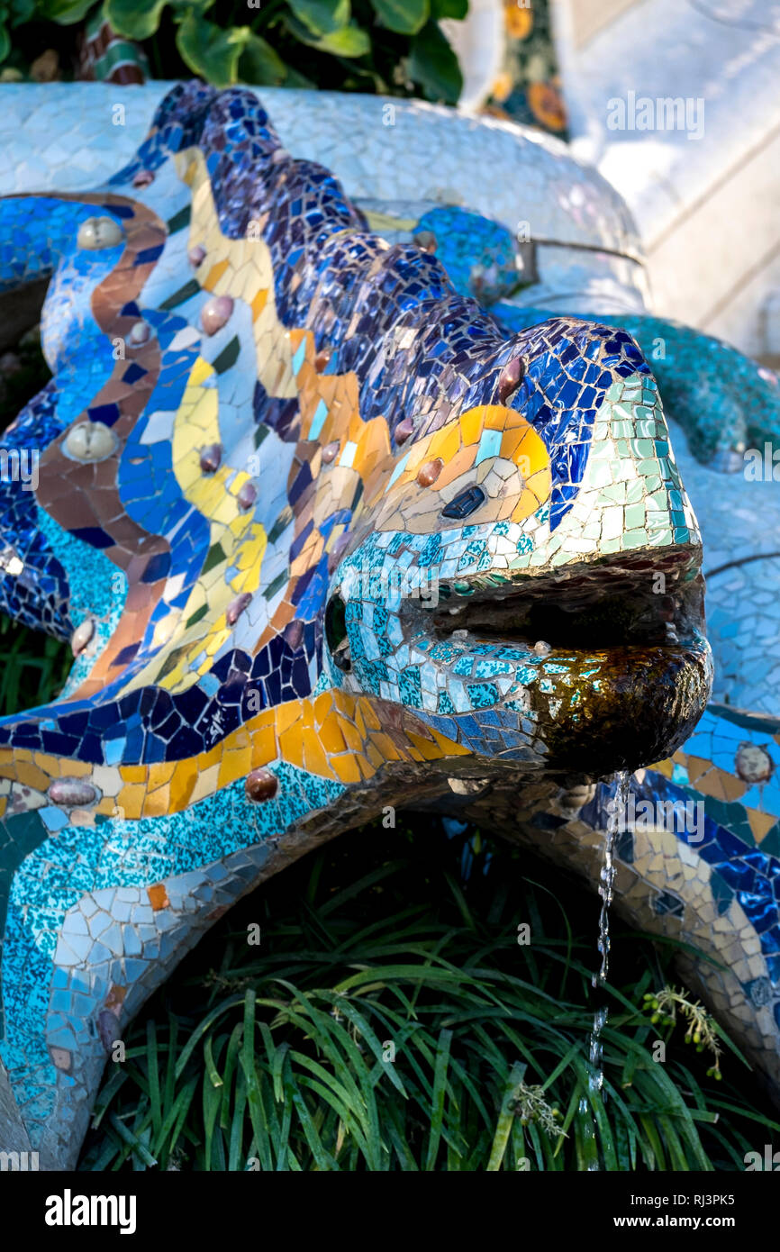 Park Guell. Garden complex with architectural elements situated on the ...